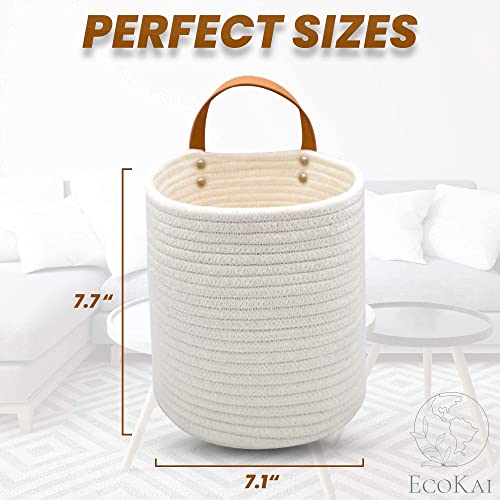 Storage Basket – Woven Basket 2 Pack – Cotton Blanket Baskets for Flowers, Plants, Keys, Sunglasses – Hanging Decorative Baskets with Choice of Rope or Leather Handles – Weaved Basket by Ecokai