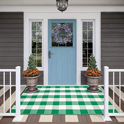 Green Checkered Outdoor Rug Front Door Mat 24'' x 51'', Buffalo Plaid Entryway Rug with 4 Non-Slip Grippers, Farmhouse Vibe Porch Rug Welcome Layered Doormat, Laundry Room/Entrance/Kitchen Rug