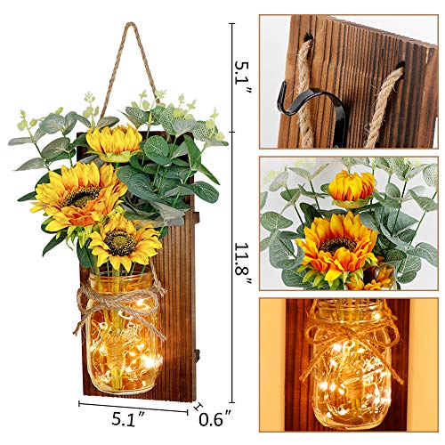 OurWarm Sunflower Mason Jar Sconces Wall Decor Set of 2 Rustic Wall Sconces Handmade Hanging Mason Jars with LED Fairy Lights for Home Kitchen Living Room Farmhouse Wall Decorations Lights