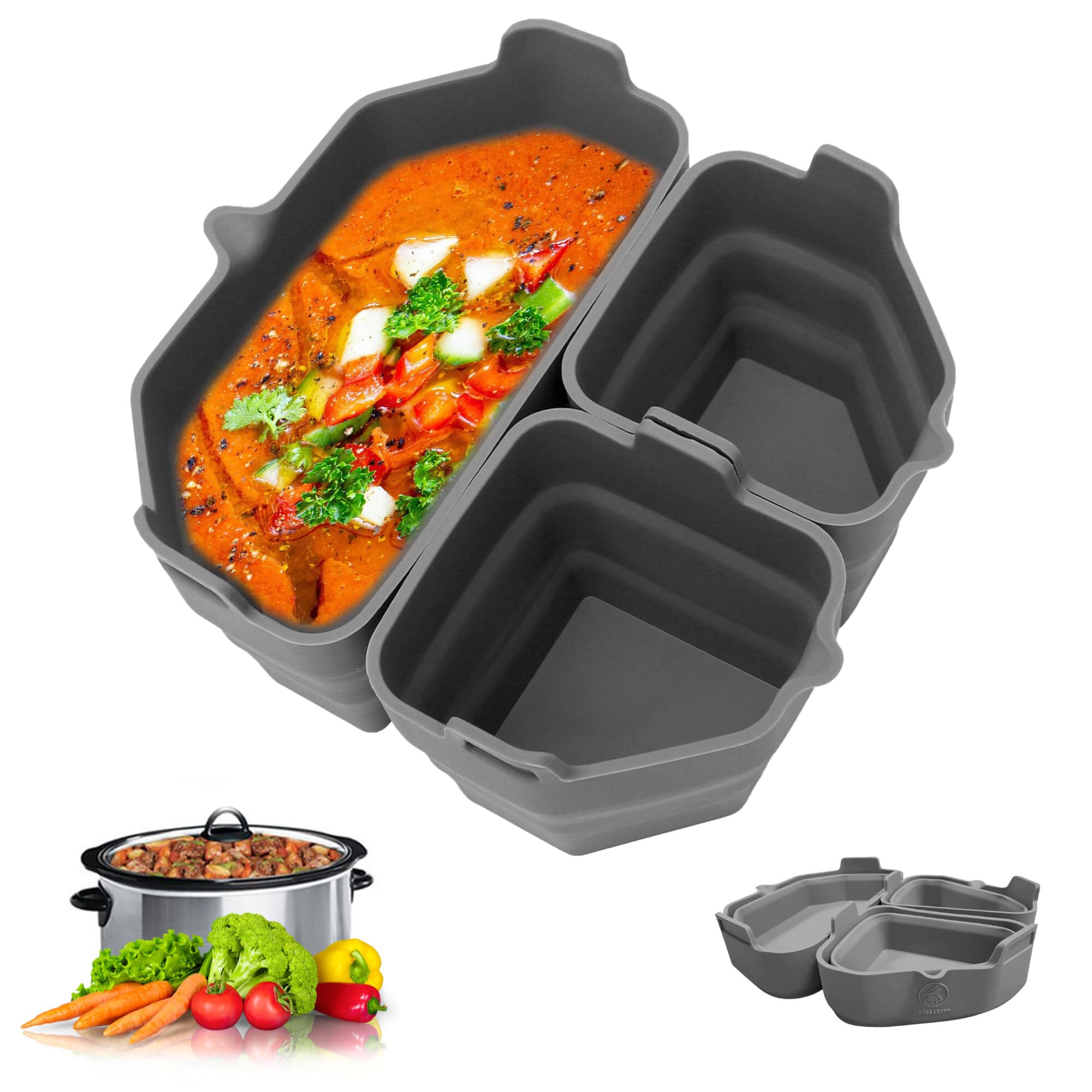 CANIS LYCAON Silicone Slow Cooker Liners Fit Crock Pot 6-8 QT crock pot dividers Allows to cook 3 Meals at once Time | Collapsible & Reusable Silicone Divider Insert, Dishwasher Safe & Leakproof