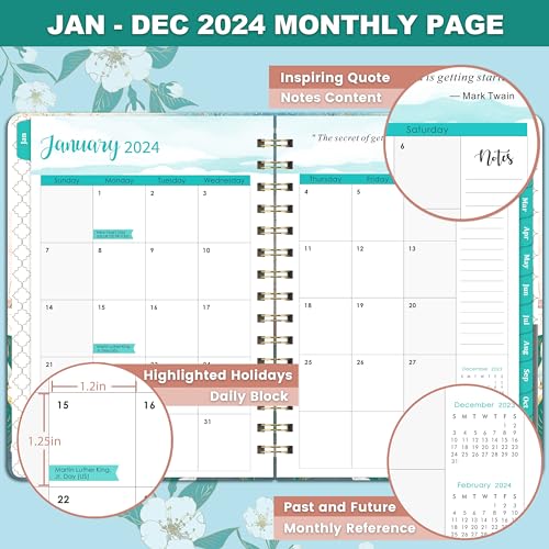 2024 Planner - 2024 Planner Weekly and Monthly, Jan 2024 - Dec 2024, Planner 2024 with Tabs, 6.3" x 8.4", 2024 Calendar Planner with Back Pocket + Thick Paper + Twin-Wire Binding