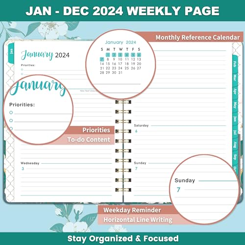 2024 Planner - 2024 Planner Weekly and Monthly, Jan 2024 - Dec 2024, Planner 2024 with Tabs, 6.3" x 8.4", 2024 Calendar Planner with Back Pocket + Thick Paper + Twin-Wire Binding