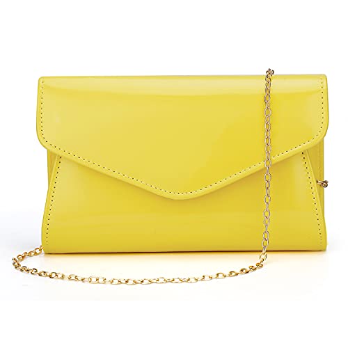 ZIUMUDY Patent Leather Evening Bags Envelope Clutches Shoulder Chain Bag Wallet Purse Handbag (Yellow)