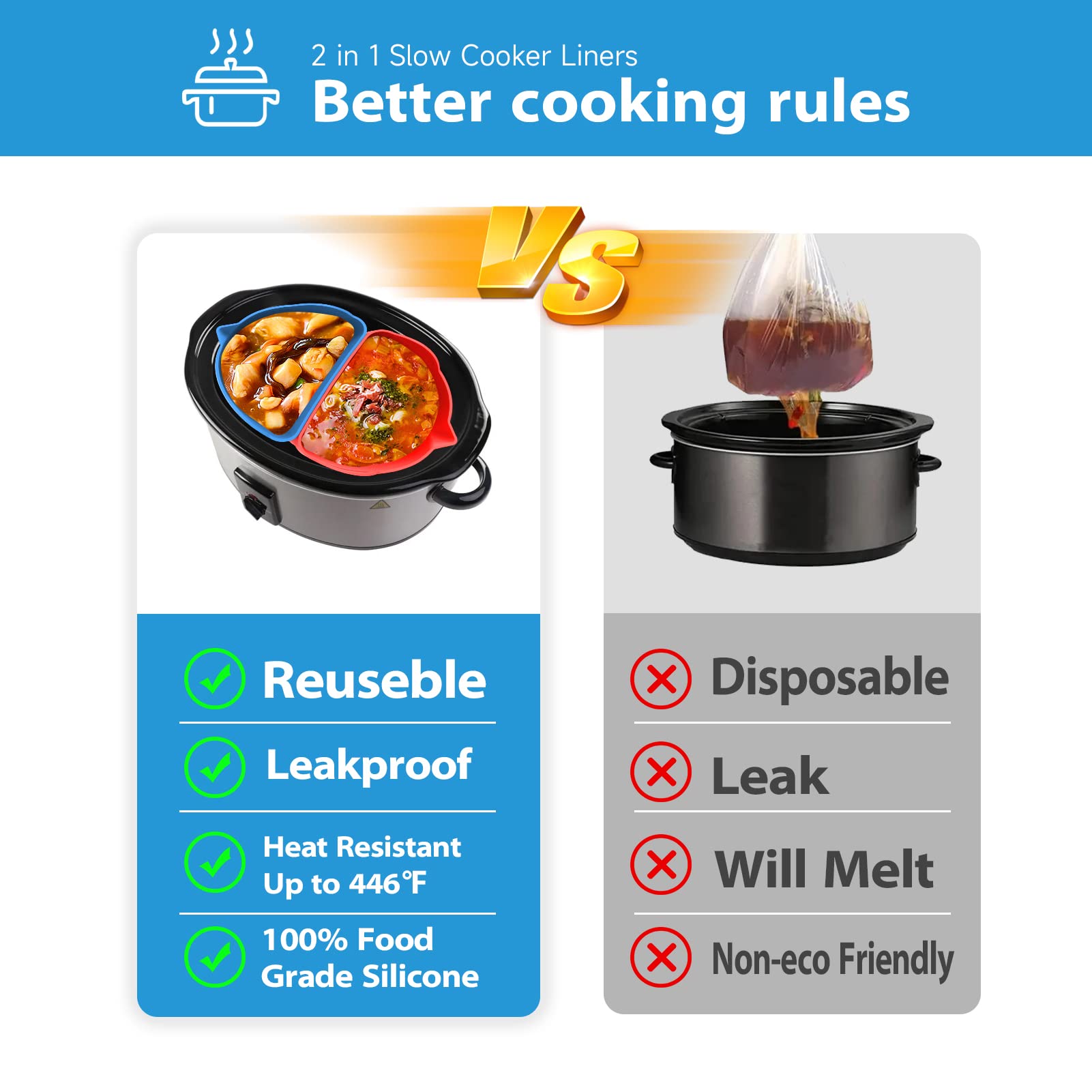 Slow Cooker Liners, Silicone Crock Pot Liners Compatible with Crockpot, Reusable Slow Cooker Divider Insert for 6-8 Quart Crock Pot, Safe Cooking Liner, BPA Free, Easy Cleanup