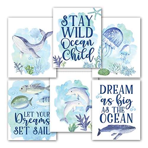 6 Reversible 8x10 Watercolor Ocean Wall Art Prints, Beach Wall Decor For Bedroom Posters For Kids, Beach Bathroom Decor Wall Art Prints, Ocean Wall Decor For Room Posters, Beach Party Decorations For Wall Prints