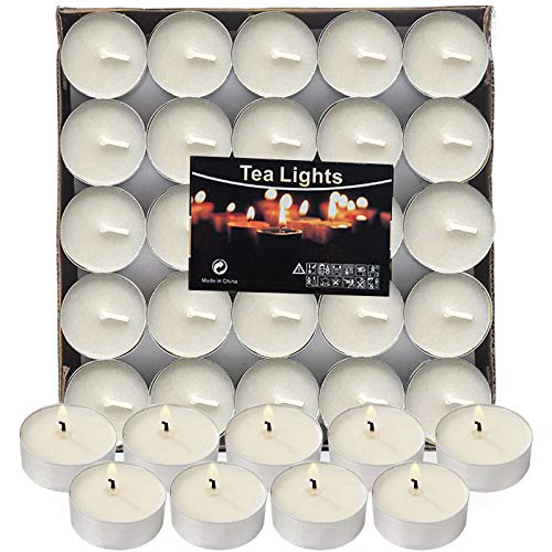 50Pack Tealight Candles,Unscented Tea Lights Candles, White, Smokeless, Dripless & 6Hours Burn Time Long Burning Paraffin Tea Candles for Home, Romantic Decor，Pool, Shabbat, Weddings & Emergencies