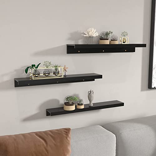 Giftgarden 24 Inch Black Floating Shelves Wall Mounted Woodgrain Picture Ledge Shelf for Storage Bedroom Bathroom Kitchen Living Room Office, Set of 3 Different Sizes