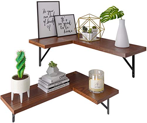 Metrogico Rustic Corner Shelf or Floating Shelf - Set of 2 Wall Shelves or Floating Shelves for Wall, Shelves for Bedroom, Bathroom Shelves, Kitchen Storage & Wall Decorations for Living Room Decor