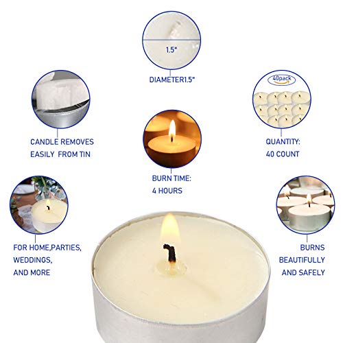 50Pack Tealight Candles,Unscented Tea Lights Candles, White, Smokeless, Dripless & 6Hours Burn Time Long Burning Paraffin Tea Candles for Home, Romantic Decor,Pool, Shabbat, Weddings & Emergencies