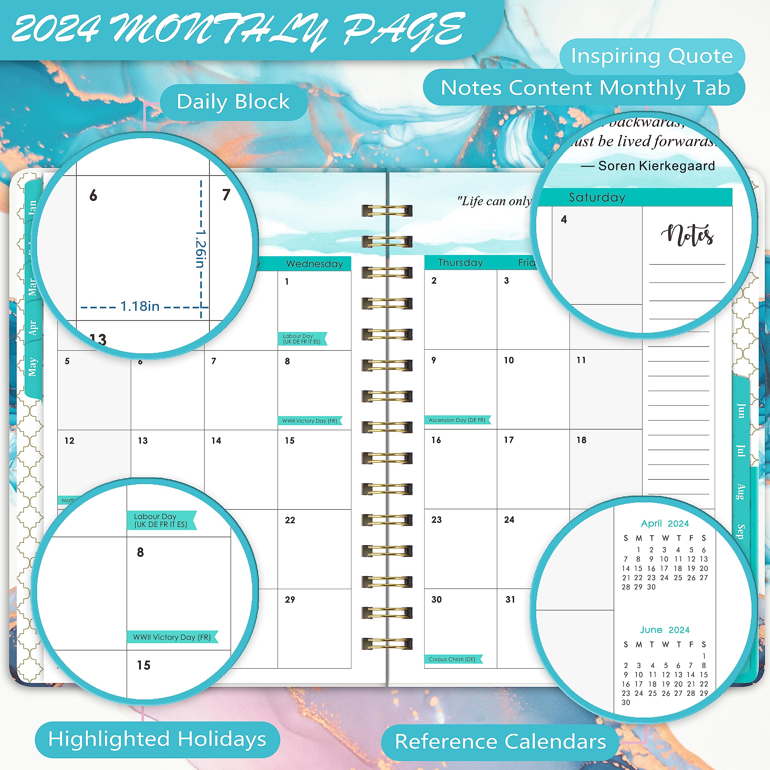 2024 Planner - 2024 Weekly & Monthly Planner with Tabs, 6.3" x 8.4", January 2024 - December 2024, Hardcover Planner 2024 with Back Pocket + Thick Paper + Twin-Wire Binding - Contrast Watercolor