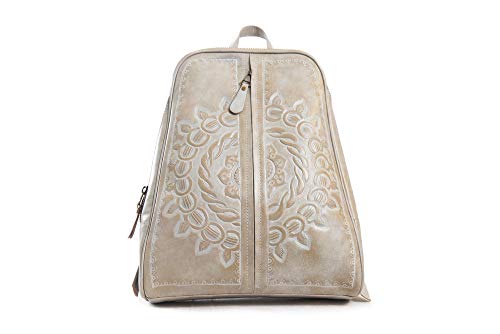 Santiago Sebastian Leathers Ladies Backpack Purse for Women, Genuine Leather, Hand tooled handbag, off white color