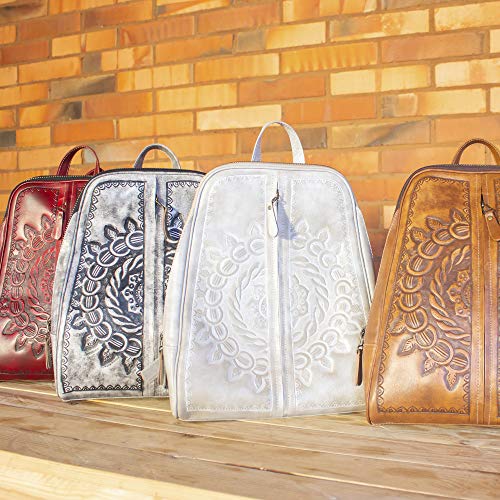 Santiago Sebastian Leathers Ladies Backpack Purse for Women, Genuine Leather, Hand tooled handbag, off white color