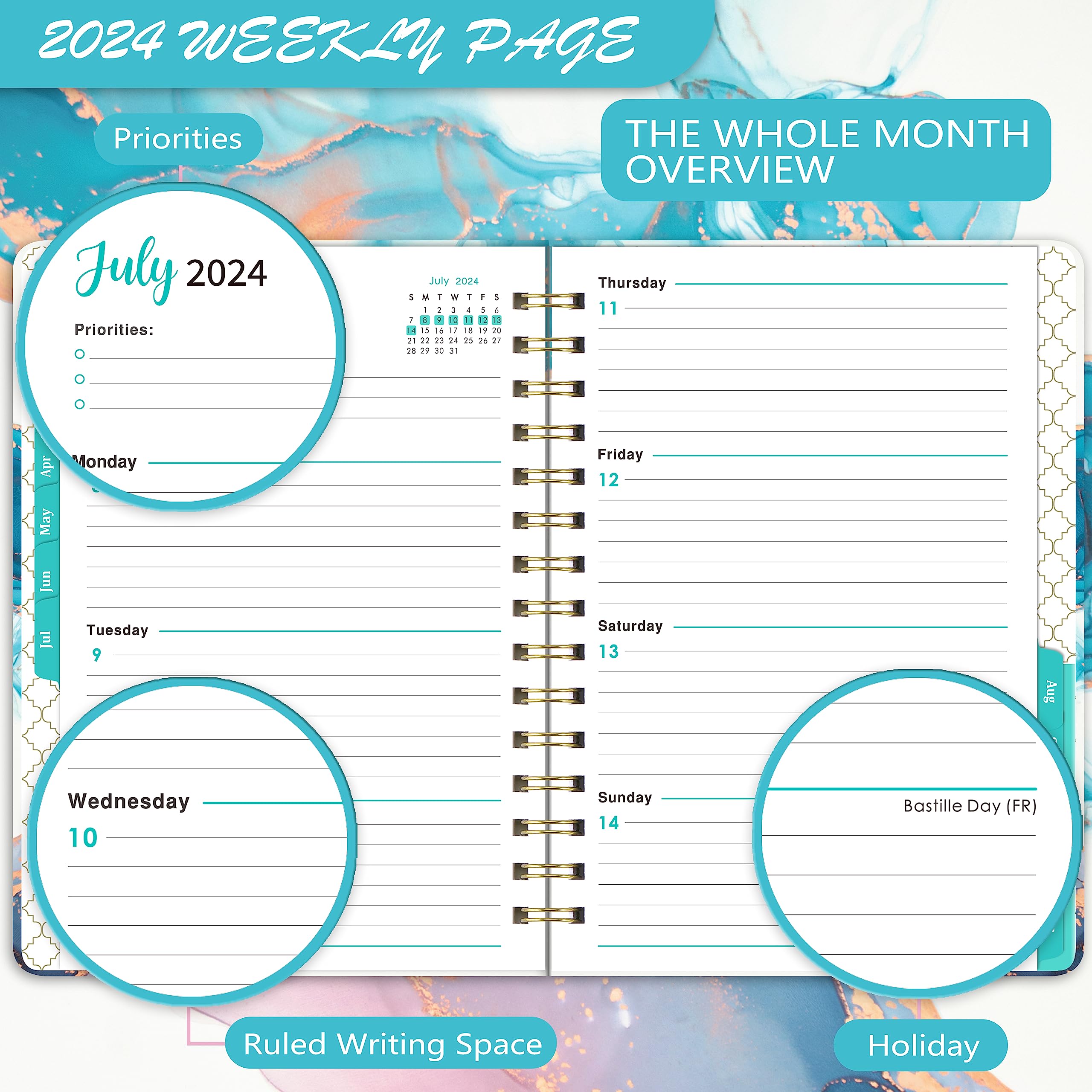 2024 Planner - 2024 Weekly & Monthly Planner with Tabs, 6.3" x 8.4", January 2024 - December 2024, Hardcover Planner 2024 with Back Pocket + Thick Paper + Twin-Wire Binding - Contrast Watercolor