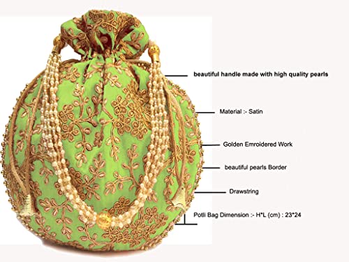 Potli Bag For Women With Intricate Gold Thread & Sequin Ethnic Designer Embroidery Work Batwa Pearls Handle (Parrot Green)