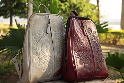 Santiago Sebastian Leathers Ladies Backpack Purse for Women, Genuine Leather, Hand tooled handbag, off white color