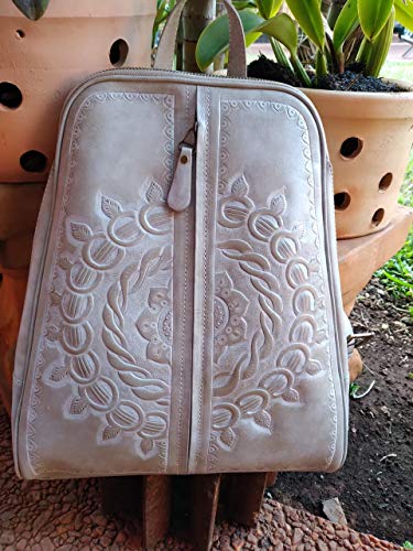Santiago Sebastian Leathers Ladies Backpack Purse for Women, Genuine Leather, Hand tooled handbag, off white color