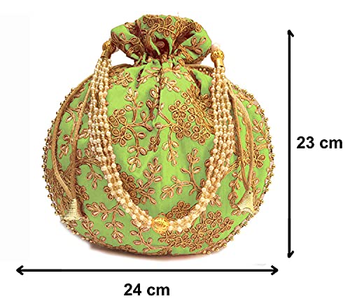 Potli Bag For Women With Intricate Gold Thread & Sequin Ethnic Designer Embroidery Work Batwa Pearls Handle (Parrot Green)