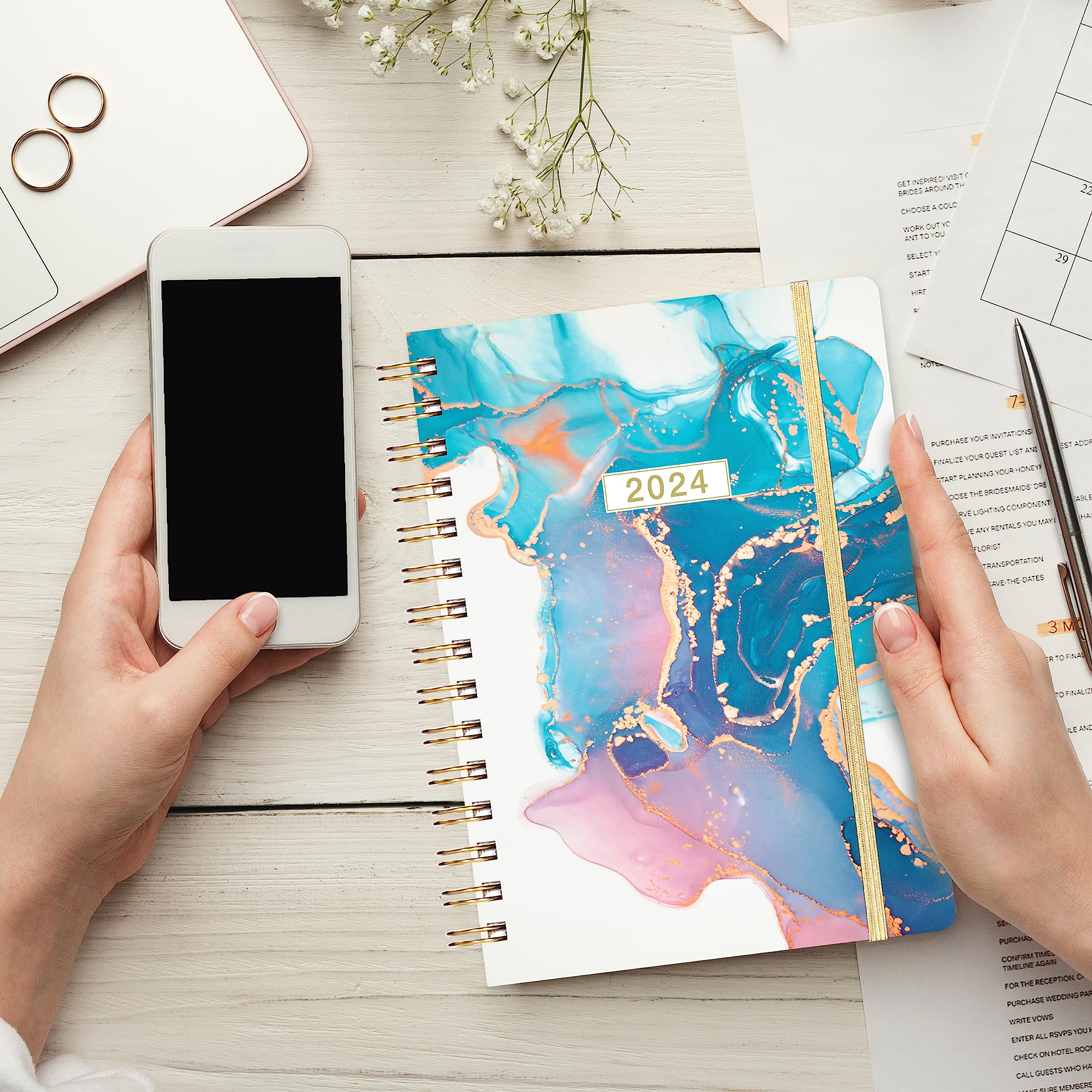 2024 Planner - 2024 Weekly & Monthly Planner with Tabs, 6.3" x 8.4", January 2024 - December 2024, Hardcover Planner 2024 with Back Pocket + Thick Paper + Twin-Wire Binding - Contrast Watercolor
