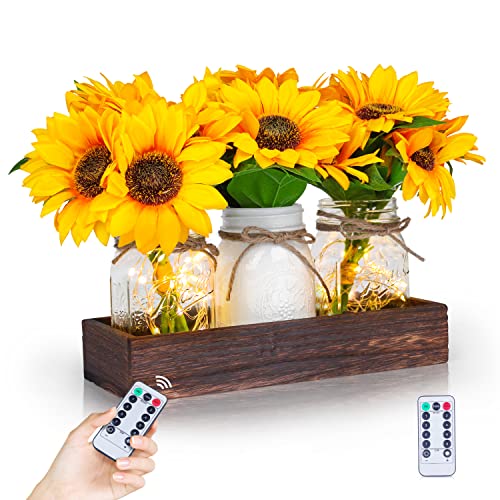 Waenerec Sunflower Mason Jar Dining Table Centerpiece with Lights Wood Tray Country Farmhouse Rustic Home Decor for Coffee Table Living Room Kitchen Garden Decorative Jars