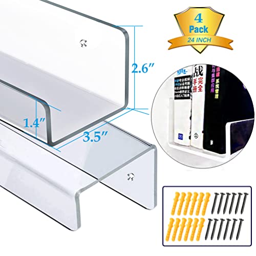 Acrylic Floating Wall Shelves 4 Pack Kids Bookshelf 24 Inch, Wall Mounted Invisible Ledge Shelf, Spice Rack, 4MM Thick Clear Bathroom Storage Shelves Display Organizer Toy Picture with 12 Screws