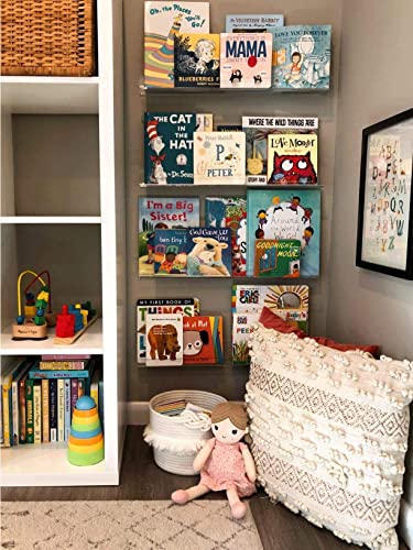 Acrylic Floating Wall Shelves 4 Pack Kids Bookshelf 24 Inch, Wall Mounted Invisible Ledge Shelf, Spice Rack, 4MM Thick Clear Bathroom Storage Shelves Display Organizer Toy Picture with 12 Screws
