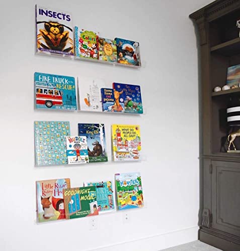 Acrylic Floating Wall Shelves 4 Pack Kids Bookshelf 24 Inch, Wall Mounted Invisible Ledge Shelf, Spice Rack, 4MM Thick Clear Bathroom Storage Shelves Display Organizer Toy Picture with 12 Screws