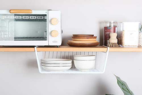 HOMOKUS Under Shelf Baskets for Storage, Carbon Steel Basket Under Cabinet Shelf, Welding Joints, Baking Finish, Easy to Install without Holes, 6 Pcs, White