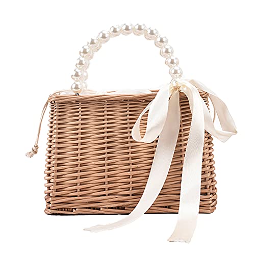 Fashion Straw Bags for Women Beach Rattan Woven Tote Handbags Ladies Summer Top-handle Bags Wicker Purse with Pearl Ornaments (B)