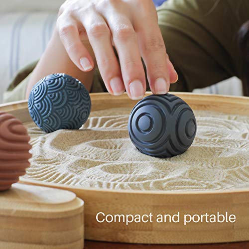 ENSO - Japanese Zen Garden Kit for Desk - Sand Garden Tools and Accessories Box Set for Office Desktop - 12” Large Round Bamboo Tray, 4 Stamp Spheres, Natural Sand, Rake - Mini Zen Decor Gifts