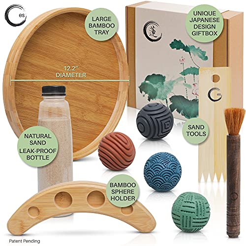 ENSO - Japanese Zen Garden Kit for Desk - Sand Garden Tools and Accessories Box Set for Office Desktop - 12” Large Round Bamboo Tray, 4 Stamp Spheres, Natural Sand, Rake - Mini Zen Decor Gifts