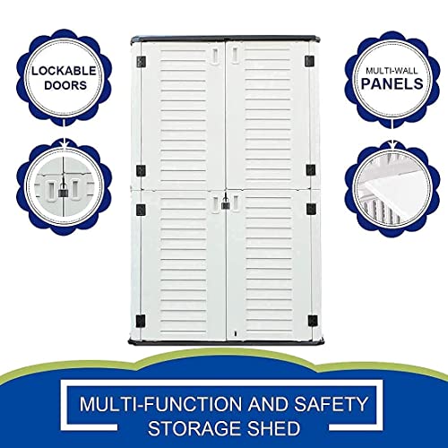 KINYING Outdoor Storage Shed Waterproof, Resin Vertical Storage Cabinet Double-Layered, Versatile to Store Patio Furniture, Garden Tools, Pool Accessories,Mower (52 Cu.ft,White)