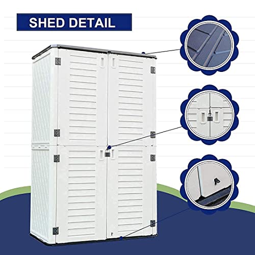 KINYING Outdoor Storage Shed Waterproof, Resin Vertical Storage Cabinet Double-Layered, Versatile to Store Patio Furniture, Garden Tools, Pool Accessories,Mower (52 Cu.ft,White)