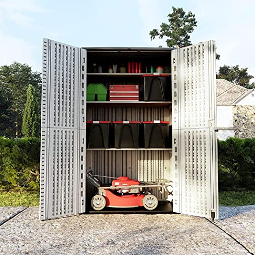 KINYING Outdoor Storage Shed Waterproof, Resin Vertical Storage Cabinet Double-Layered, Versatile to Store Patio Furniture, Garden Tools, Pool Accessories,Mower (52 Cu.ft,White)