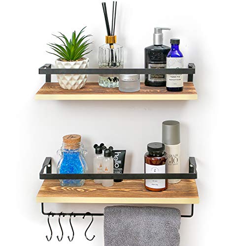 TRIVETRUNNER -ANNA STAY Floating Shelves Wall Mounted for Bathroom and Storage Shelves for Kitchen Set of 2, with Towel Bar, Cotton Towel Included (Light Brown)