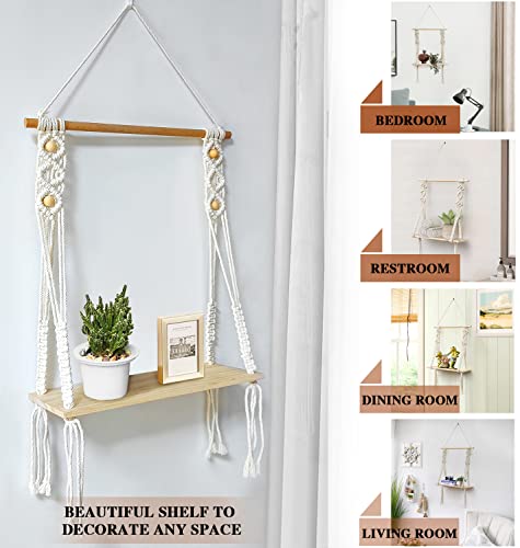 Axgo Macrame Hanging Shelves, Handmade Bohemian Woven Hanging Shelves Macrame Wall Hanging Shelf 16" x 6" Boho Wall Decor for Books Photos Collectibles Small Plants Perfumes