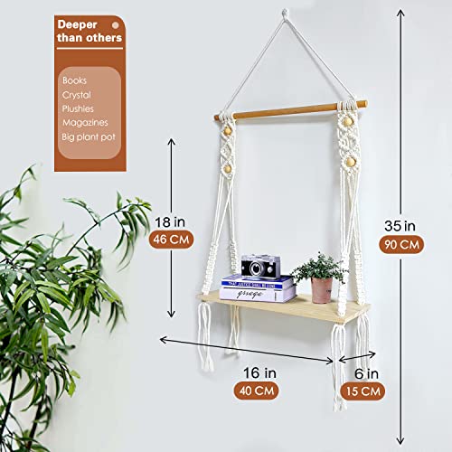 Axgo Macrame Hanging Shelves, Handmade Bohemian Woven Hanging Shelves Macrame Wall Hanging Shelf 16" x 6" Boho Wall Decor for Books Photos Collectibles Small Plants Perfumes