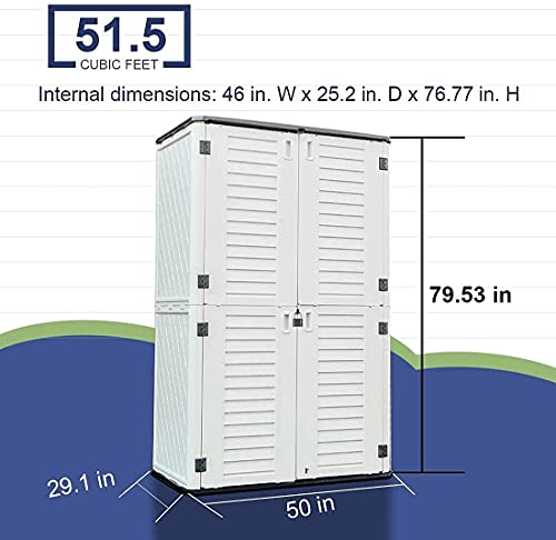 KINYING Outdoor Storage Shed Waterproof, Resin Vertical Storage Cabinet Double-Layered, Versatile to Store Patio Furniture, Garden Tools, Pool Accessories,Mower (52 Cu.ft,White)
