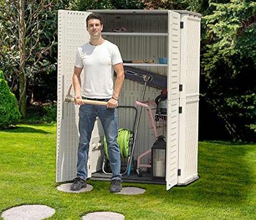KINYING Outdoor Storage Shed Waterproof, Resin Vertical Storage Cabinet Double-Layered, Versatile to Store Patio Furniture, Garden Tools, Pool Accessories,Mower (52 Cu.ft,White)