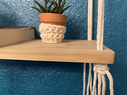 Macrame Bamboo Shelf with Sea Glass for Wall Hanging -2 Tier w/Beads - Unique Woven Boho Home Organizer Decor, Floating Storage for Small Plants, Handmade Cotton Rope-Bedroom, Living Room, Bathroom