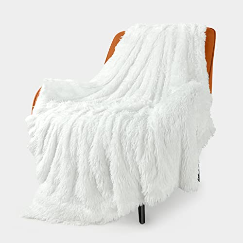 Soft Fuzzy Faux Fur Throw Blanket,50"x60",Reversible Lightweight Fluffy Cozy Plush Fleece Comfy Furry Microfiber Decorative Shaggy Blanket for Couch Sofa Bed,Pure White