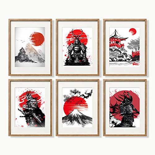 YUMKNOW Japanese Art Wall Decor - Unframed 8x10 Set of 6, Modern Minimalist Asian Oriental Decor for Living Room, Samurai Armor Warriors Prints Posters for Bedroom, Japan Red White Art Office Gifts