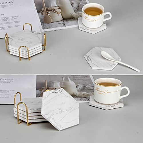 Hexagon Marble Coasters with Holder Absorbent Coaster Set Modern Drink Stone Coasters White Ceramic Coasters for Coffee Beverage Bar Coaster Best Thirstysone Table Coastes
