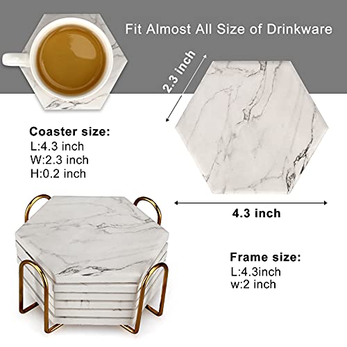 Hexagon Marble Coasters with Holder Absorbent Coaster Set Modern Drink Stone Coasters White Ceramic Coasters for Coffee Beverage Bar Coaster Best Thirstysone Table Coastes