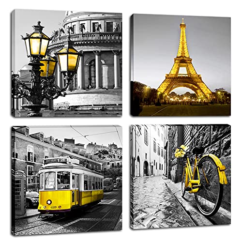 YMYXMC33 Decor Bedroom Paris Eiffel Tower Canvas Print Black and White Wall Art London Landmark Building Yellow Lighting Old Tram Yellow Rose Bicycle Picture Decoration Living Room 12"x12"x4