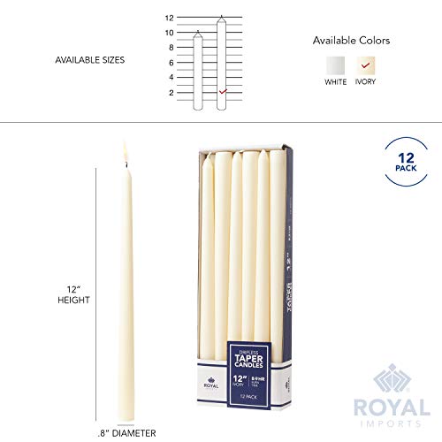 Royal Imports Unscented Taper Candles, Elegant Premium Quality, Dripless & Smokeless, Hand-Dipped Dinner Candles for Wedding, Holiday, Home Decor - 9 Hour Burn Time - Set of 12 (12 Inch, Ivory)