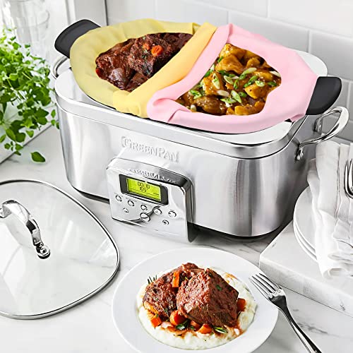 2 Pack Foldable Silicone Slow Cooker Liners, Reusable Crock Pots Silicone Liner Fit 6-8 Quarts Crockpot Leakproof Easy Clean Bags Divider for Oval or Round Pot (Pink+Yellow)
