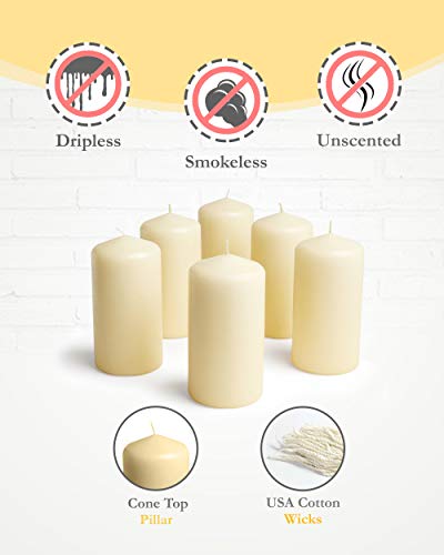 Cone Top Pillar Candles by Bask - Set of 6 - 3" x 6" Dripless Unscented Candles in Ivory for Home Decor, Relaxation & All Occasions