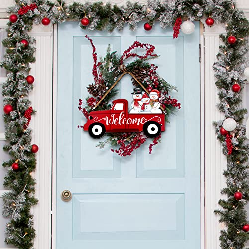 Winder Welcome Sign & Home Sign for Front Door 2-Side Rustic Red Truck Decor with 10-PC Interchangeable Holiday Icons for Spring Easter 4th of July Fall Harvest Halloween Christmas Seasonal Wall Hanging & Table Decorations(2-Side Red Truck)