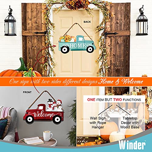 Winder Welcome Sign & Home Sign for Front Door 2-Side Rustic Red Truck Decor with 10-PC Interchangeable Holiday Icons for Spring Easter 4th of July Fall Harvest Halloween Christmas Seasonal Wall Hanging & Table Decorations(2-Side Red Truck)