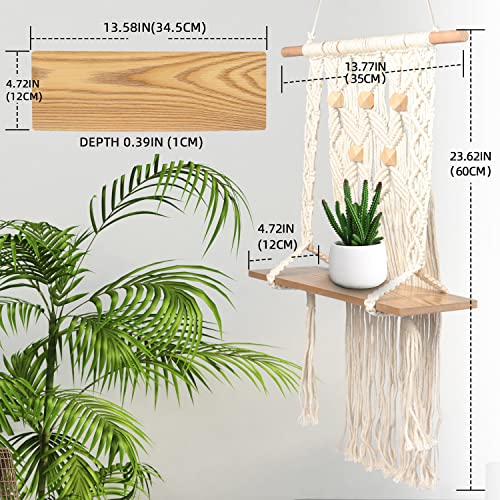 Macrame Wall Hanging Shelf, Boho Room Decor Handmade, Wooden Storage Floating Shelves for Small Plants and Photo Frames, for Living Room, Bedroom, Bathroom, 3Pcs…